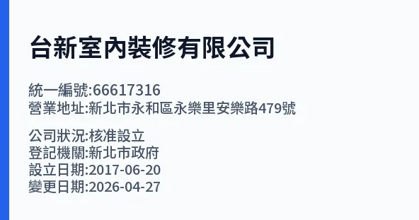 台新室內裝修有限公司的照片-統編 66617316(新北市) 公司登記資料與營業項目詳細圖表