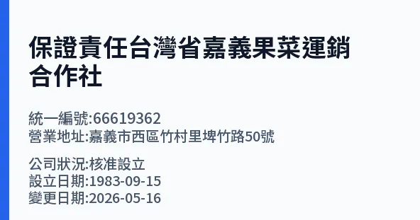保證責任台灣省嘉義果菜運銷合作社的照片-統編 66619362(嘉義市) 公司登記資料與營業項目詳細圖表