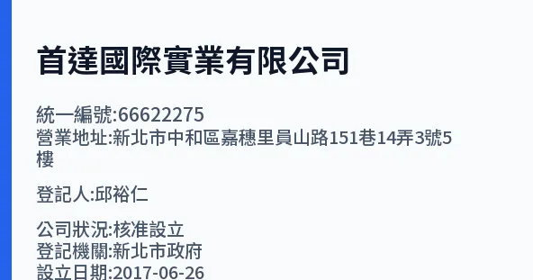 首達國際實業有限公司的照片-統編 66622275(新北市) 公司登記資料與營業項目詳細圖表