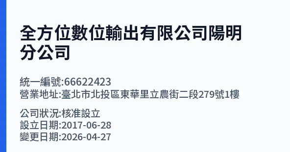 全方位數位輸出有限公司陽明分公司的照片-統編 66622423(臺北市) 公司登記資料與營業項目詳細圖表
