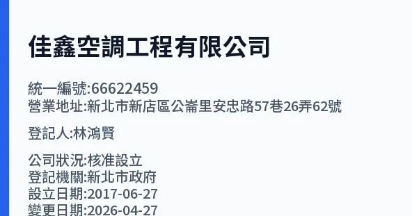 佳鑫空調工程有限公司的照片-統編 66622459(新北市) 公司登記資料與營業項目詳細圖表