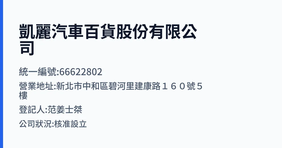 凱麗汽車百貨股份有限公司 - 統編 66622802(新北市) 公司登記資料與營業項目詳細圖表