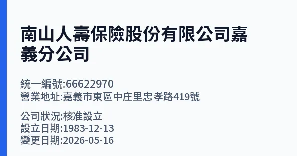 南山人壽保險股份有限公司嘉義分公司的照片-統編 66622970(嘉義市) 公司登記資料與營業項目詳細圖表