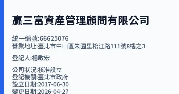 贏三富資產管理顧問有限公司的照片-統編 66625076(臺北市) 公司登記資料與營業項目詳細圖表