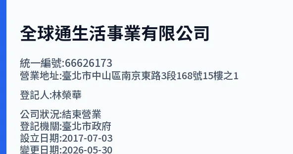 全球通生活事業有限公司的照片-統編 66626173(臺北市) 公司登記資料與營業項目詳細圖表