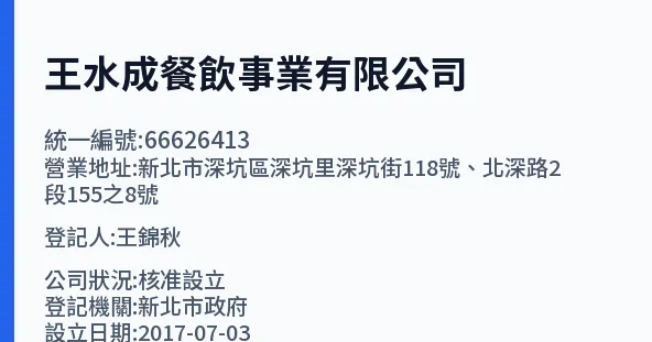王水成餐飲事業有限公司的照片-統編 66626413(新北市) 公司登記資料與營業項目詳細圖表