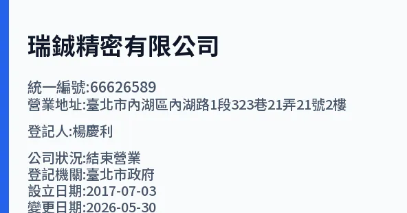 瑞鋮精密有限公司的照片-統編 66626589(臺北市) 公司登記資料與營業項目詳細圖表