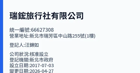 瑞鋐旅行社有限公司的照片-統編 66627308(新北市) 公司登記資料與營業項目詳細圖表