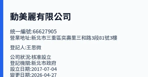 動美麗有限公司的照片-統編 66627905(新北市) 公司登記資料與營業項目詳細圖表