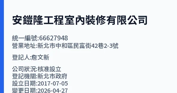 安鎧隆工程室內裝修有限公司的照片-統編 66627948(新北市) 公司登記資料與營業項目詳細圖表