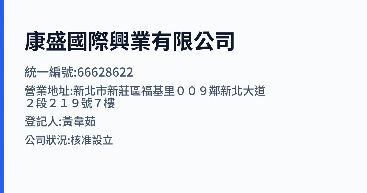 康盛國際興業有限公司 - 統編 66628622(新北市) 公司登記資料與營業項目詳細圖表