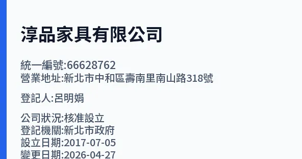 淳品家具有限公司的照片-統編 66628762(新北市) 公司登記資料與營業項目詳細圖表