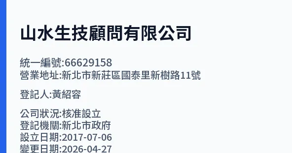 山水生技顧問有限公司的照片-統編 66629158(新北市) 公司登記資料與營業項目詳細圖表