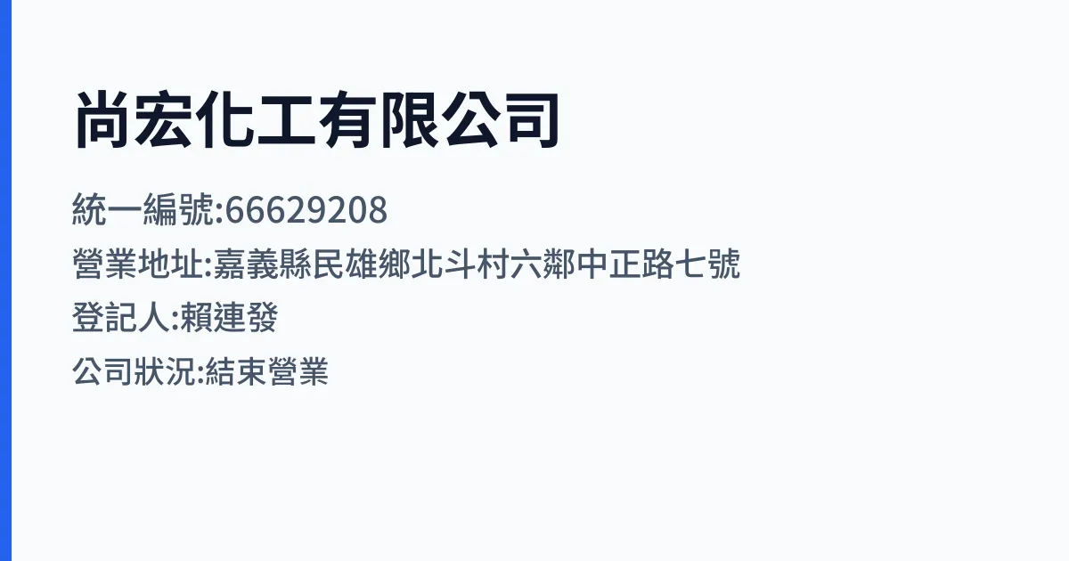 尚宏化工有限公司 - 統編 66629208(嘉義縣) 公司登記資料與營業項目詳細圖表