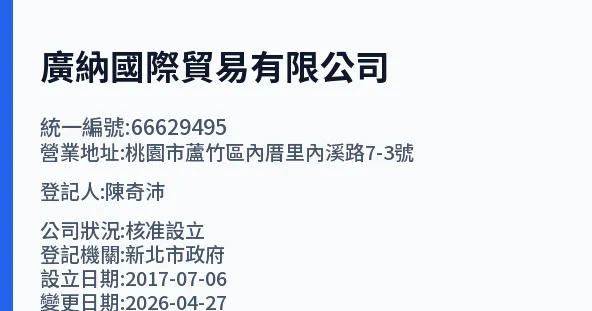 廣納國際貿易有限公司的照片-統編 66629495(桃園市) 公司登記資料與營業項目詳細圖表