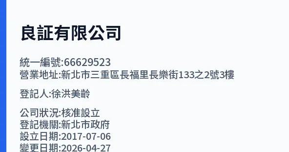 良証有限公司的照片-統編 66629523(新北市) 公司登記資料與營業項目詳細圖表
