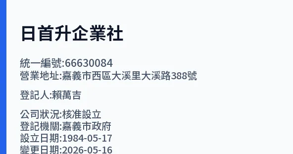 日首升企業社的照片-統編 66630084(嘉義市) 公司登記資料與營業項目詳細圖表