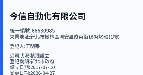 今信自動化有限公司的照片-統編 66630985(新北市) 公司登記資料與營業項目詳細圖表