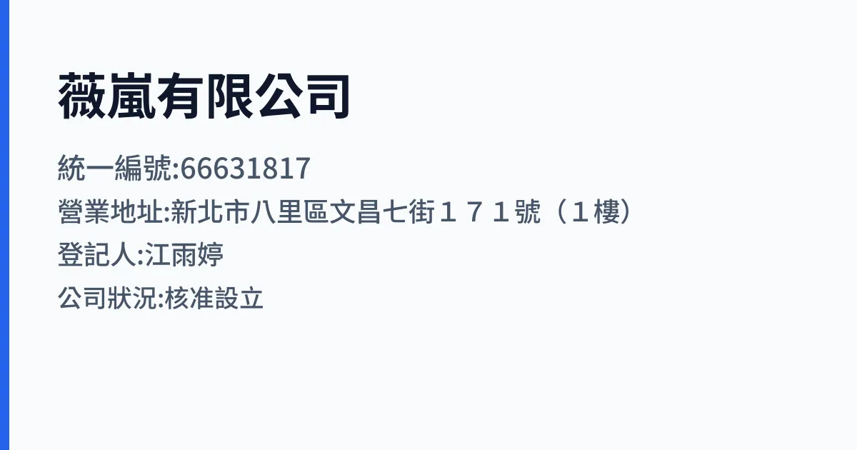 薇嵐有限公司 - 統編 66631817(新北市) 公司登記資料與營業項目詳細圖表