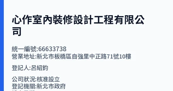 心作室內裝修設計工程有限公司的照片-統編 66633738(新北市) 公司登記資料與營業項目詳細圖表