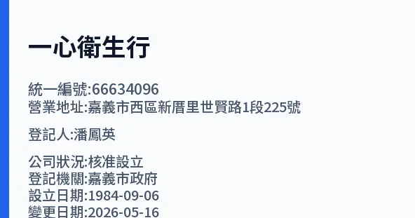 一心衛生行的照片-統編 66634096(嘉義市) 公司登記資料與營業項目詳細圖表