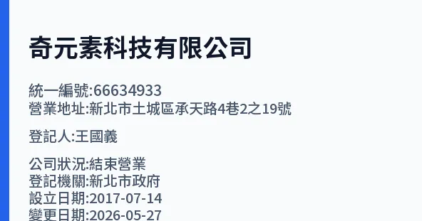 奇元素科技有限公司的照片-統編 66634933(新北市) 公司登記資料與營業項目詳細圖表