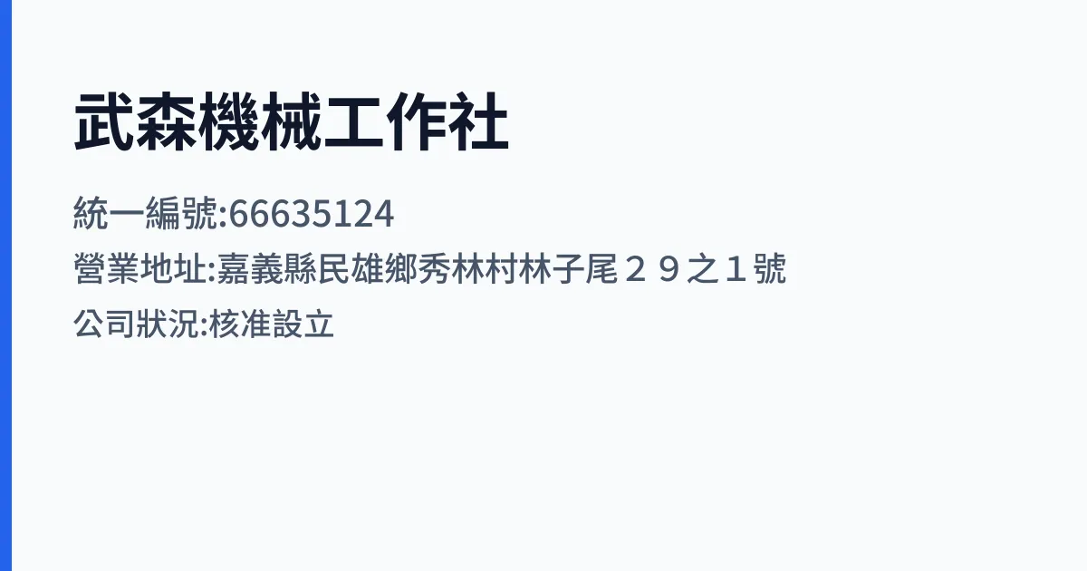 武森機械工作社 - 統編 66635124(嘉義縣) 公司登記資料與營業項目詳細圖表