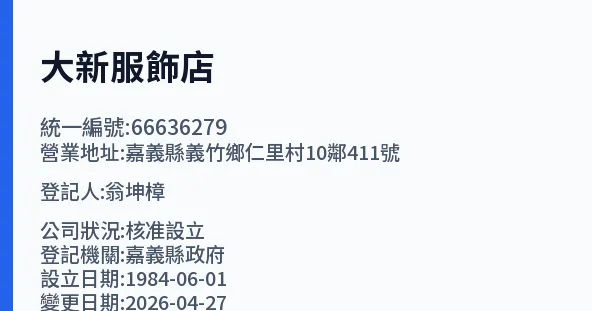大新服飾店的照片-統編 66636279(嘉義縣) 公司登記資料與營業項目詳細圖表