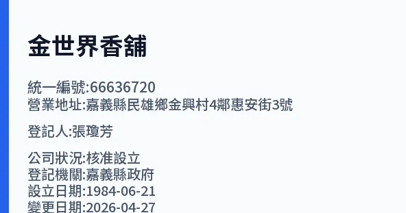 金世界香舖的照片-統編 66636720(嘉義縣) 公司登記資料與營業項目詳細圖表