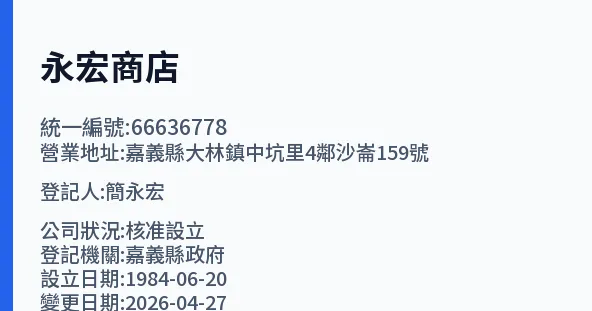 永宏商店的照片-統編 66636778(嘉義縣) 公司登記資料與營業項目詳細圖表