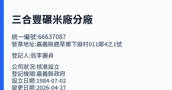 三合豐碾米廠分廠的照片-統編 66637087(嘉義縣) 公司登記資料與營業項目詳細圖表