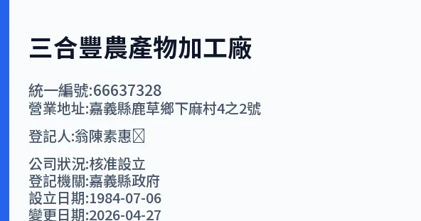 三合豐農產物加工廠的照片-統編 66637328(嘉義縣) 公司登記資料與營業項目詳細圖表