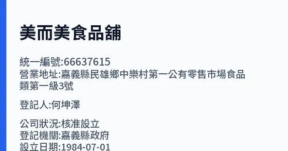 美而美食品舖的照片-統編 66637615(嘉義縣) 公司登記資料與營業項目詳細圖表