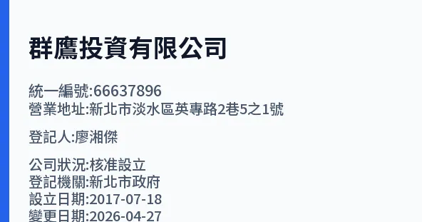 群鷹投資有限公司的照片-統編 66637896(新北市) 公司登記資料與營業項目詳細圖表