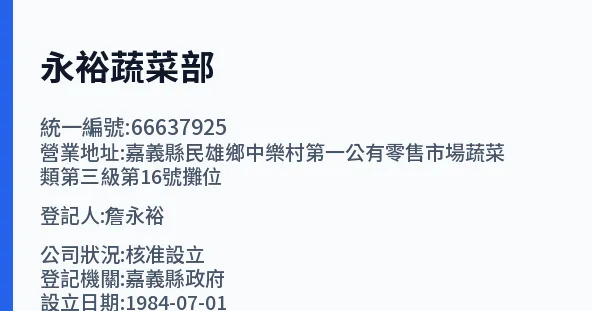 永裕蔬菜部的照片-統編 66637925(嘉義縣) 公司登記資料與營業項目詳細圖表