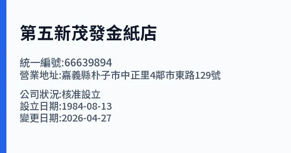 第五新茂發金紙店的照片-統編 66639894(嘉義縣) 公司登記資料與營業項目詳細圖表