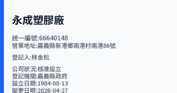 永成塑膠廠的照片-統編 66640148(嘉義縣) 公司登記資料與營業項目詳細圖表