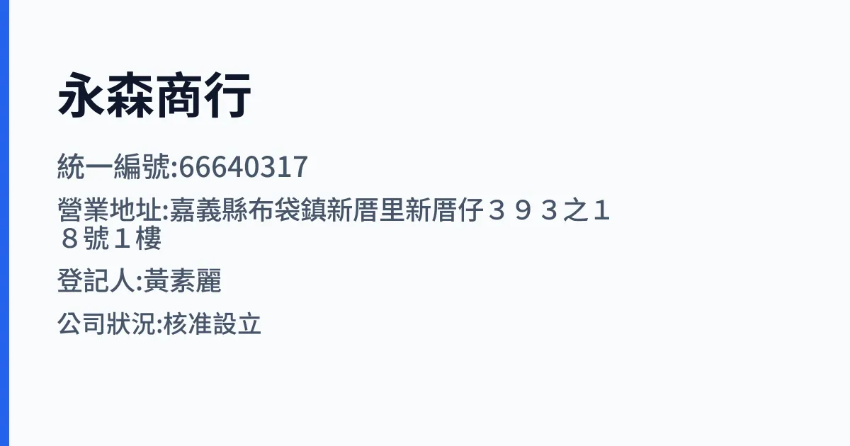 永森商行 - 統編 66640317(嘉義縣) 公司登記資料與營業項目詳細圖表