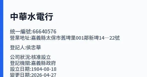 中華水電行的照片-統編 66640576(嘉義縣) 公司登記資料與營業項目詳細圖表