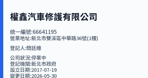 權鑫汽車修護有限公司的照片-統編 66641195(新北市) 公司登記資料與營業項目詳細圖表