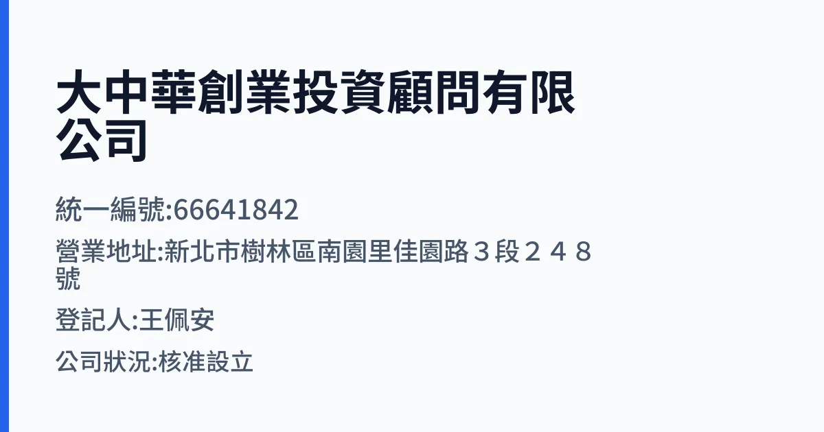 大中華創業投資顧問有限公司 - 統編 66641842(新北市) 公司登記資料與營業項目詳細圖表