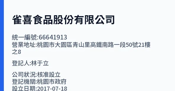 雀喜食品股份有限公司的照片-統編 66641913(桃園市) 公司登記資料與營業項目詳細圖表