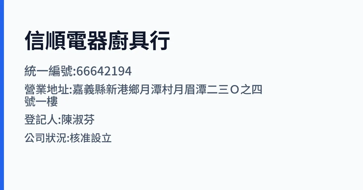 信順電器廚具行 - 統編 66642194(嘉義縣) 公司登記資料與營業項目詳細圖表