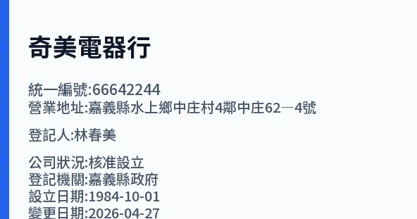 奇美電器行的照片-統編 66642244(嘉義縣) 公司登記資料與營業項目詳細圖表