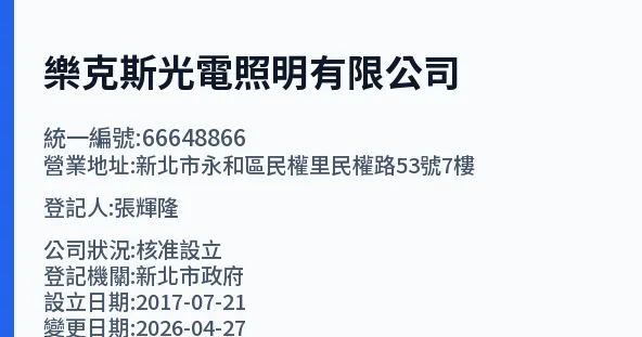 樂克斯光電照明有限公司的照片-統編 66648866(新北市) 公司登記資料與營業項目詳細圖表
