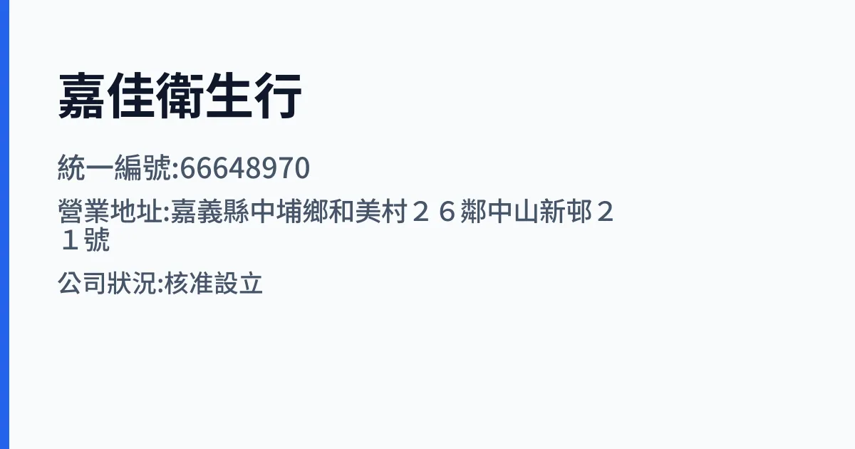 嘉佳衛生行 - 統編 66648970(嘉義縣) 公司登記資料與營業項目詳細圖表