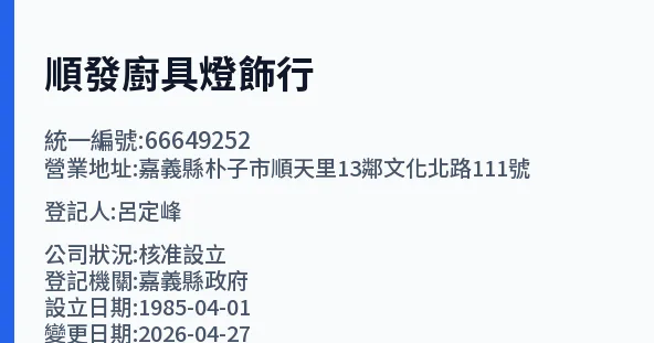 順發廚具燈飾行的照片-統編 66649252(嘉義縣) 公司登記資料與營業項目詳細圖表