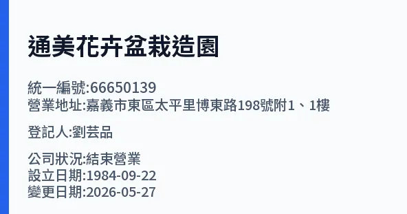 通美花卉盆栽造園的照片-統編 66650139(嘉義市) 公司登記資料與營業項目詳細圖表