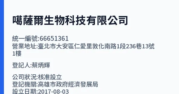 噶薩爾生物科技有限公司的照片-統編 66651361(臺北市) 公司登記資料與營業項目詳細圖表