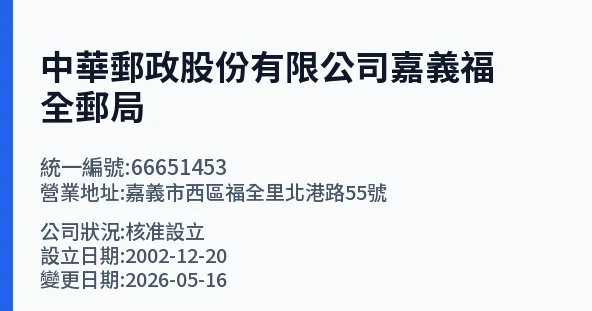 中華郵政股份有限公司嘉義福全郵局的照片-統編 66651453(嘉義市) 公司登記資料與營業項目詳細圖表